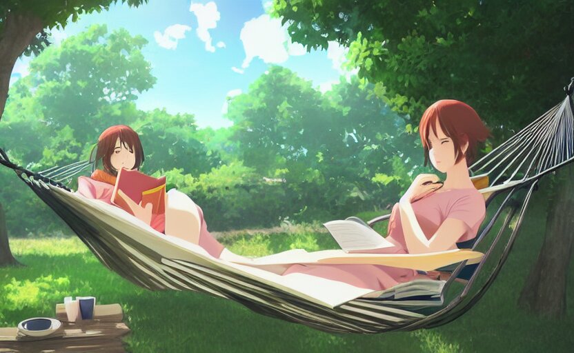 Lexica - A woman reading a book on a hammock on a warm summer day ...