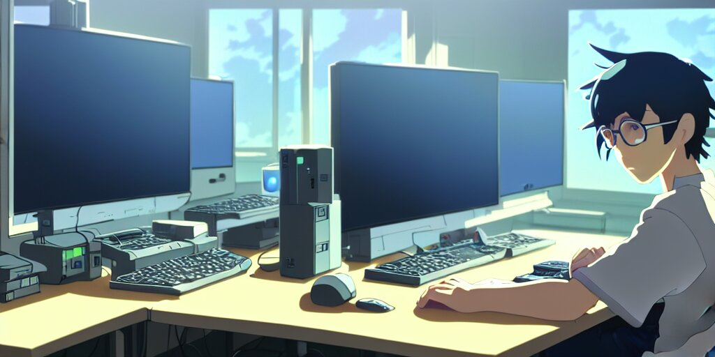 Lexica - A nerdy boy is programming at a computer in a room full of ...