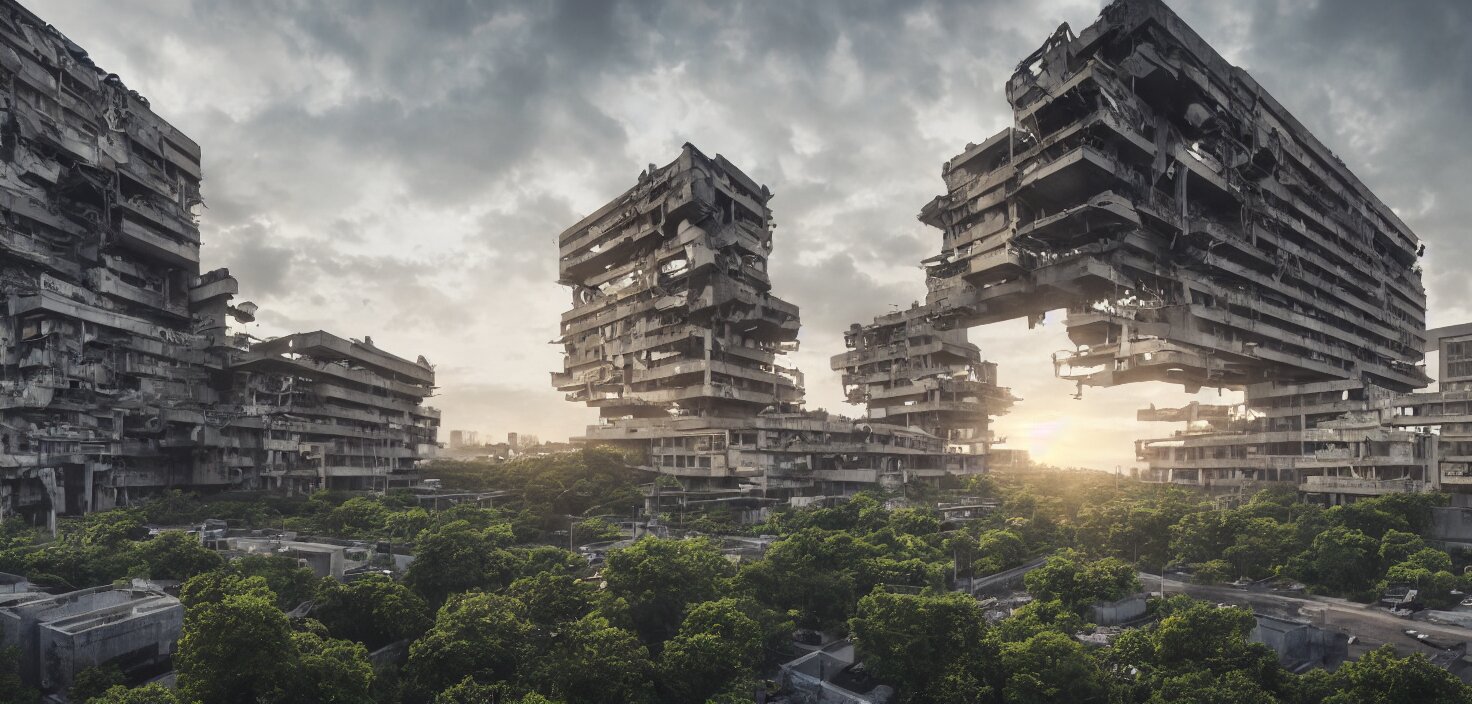 Lexica - A cityscape of abandoned buildings, brutalist architecture by ...