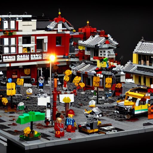 a miniature japanese lego village destroyed by a nuclear bomb, p ...