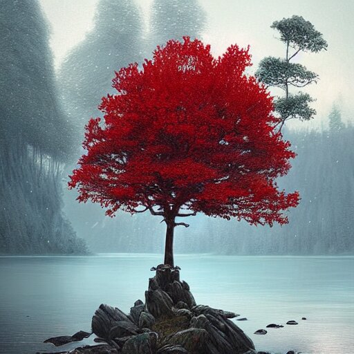 Lexica - A single red tree on a small island in a mountain lake ...