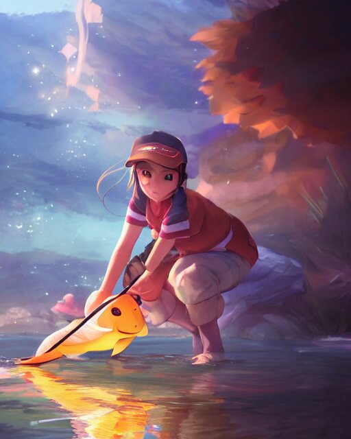 Lexica - A female pokemon trainer fishing for magikarp, full shot ...