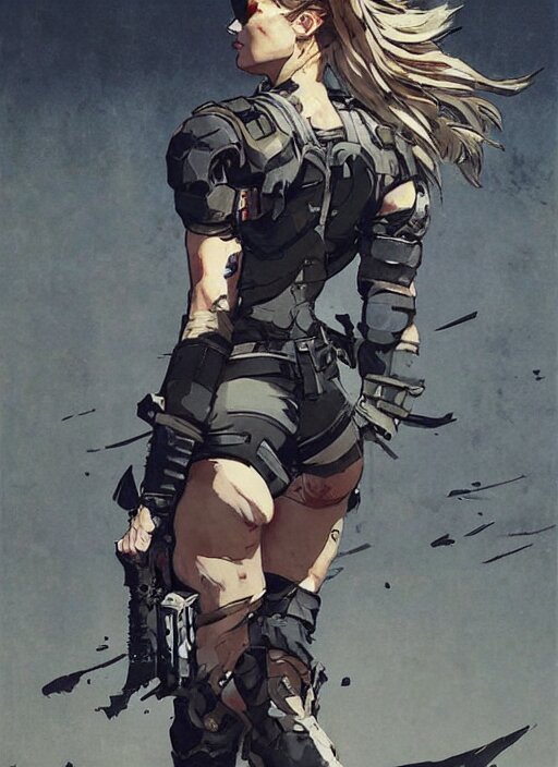Lexica - Margot Robbie wearing metal gear armor holding gun dramatic ...