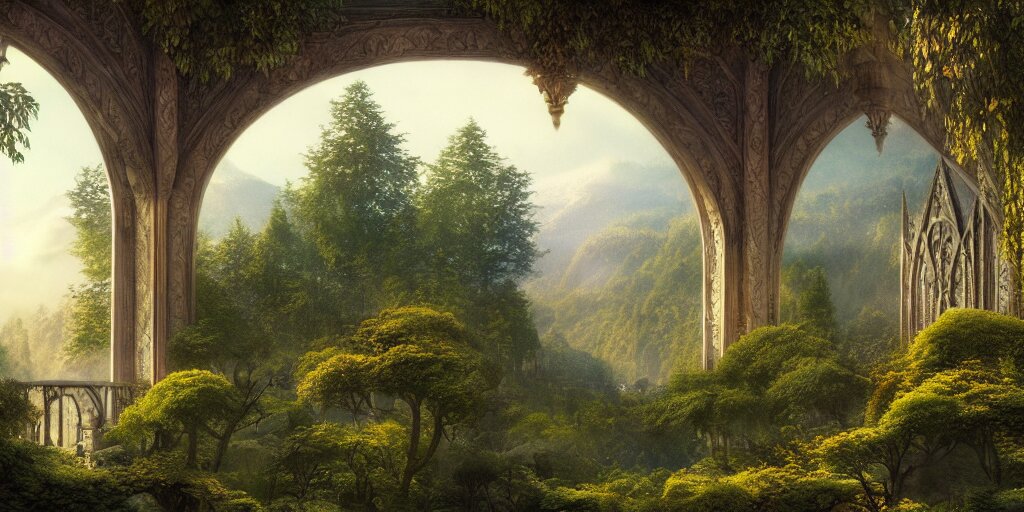 Lexica - Rivendell, looking out from the balcony, evening, detailed ...