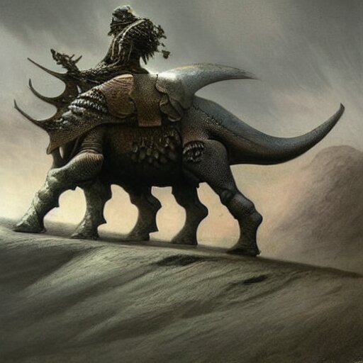 Lexica - Triceratops rider in norse armor concept, beksinski