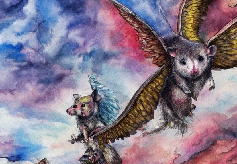 Lexica - Legendary colorful winged possum flying over a medieval castle ...