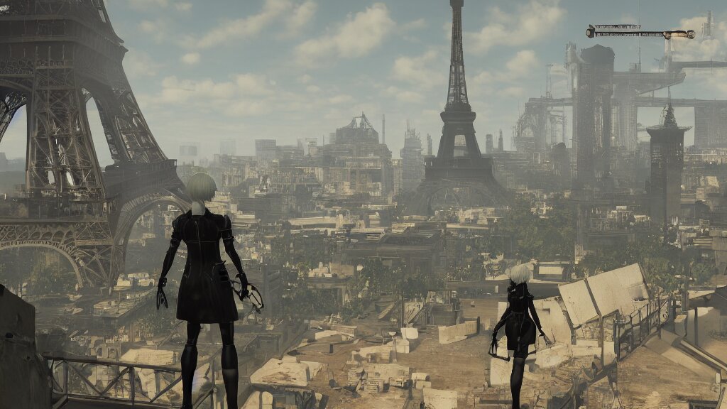 Lexica - Screenshot from Nier Automata, near the Eiffel tower in Paris