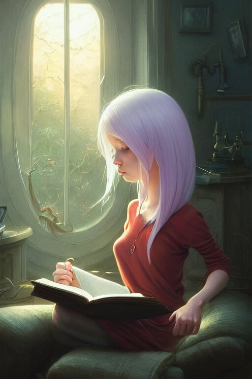 highly detailed portrait of beautiful girl reading a book, hair ...