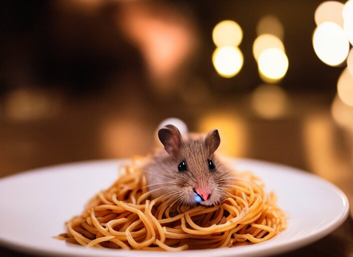 photo of a hamster eating spaghetti, at night, candlelit restaur ...