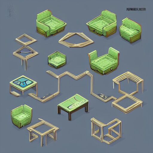concept art 2 d game asset of furniture with an organic isometri ...