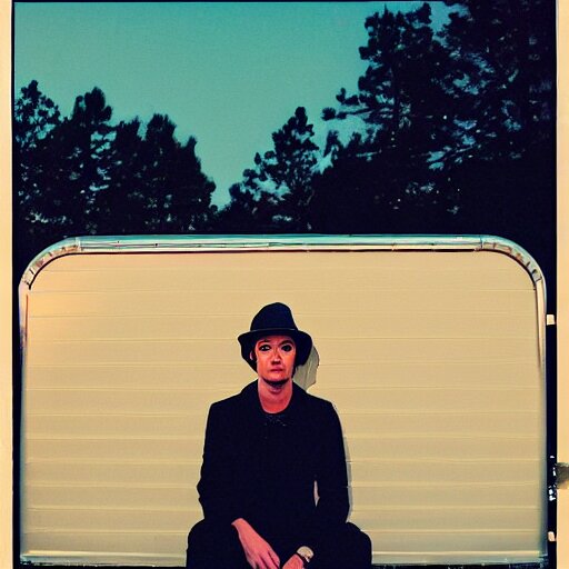 Lexica - A man sitting on a stool in front of a trailer, an album cover ...