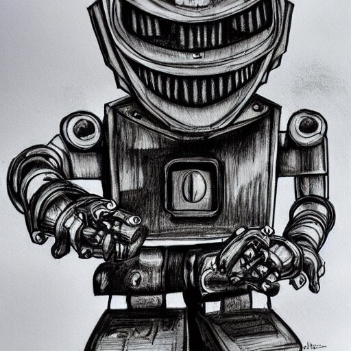 Lexica - A scary horror themed robot, drawn with charcoal and pen and ink