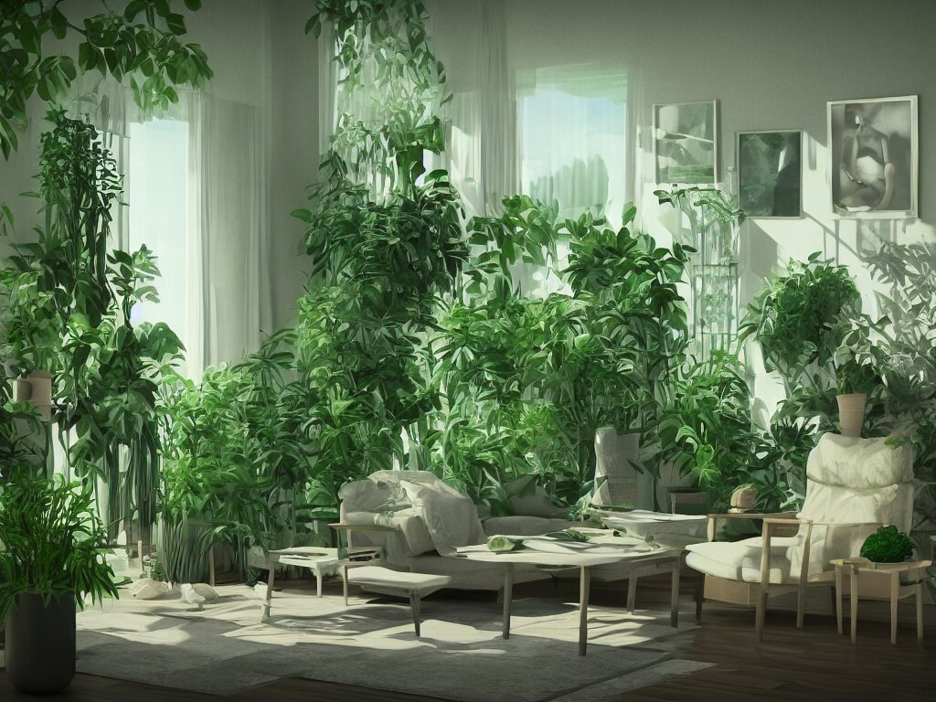 Lexica - Comfy green living room with many plants, complicated liminal ...