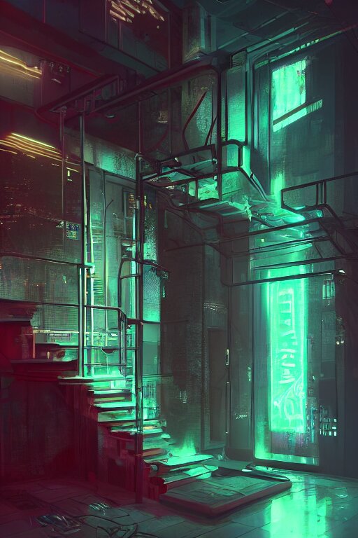 Lexica - A basement staircase, neon lights, cyberpunk style, digital ...
