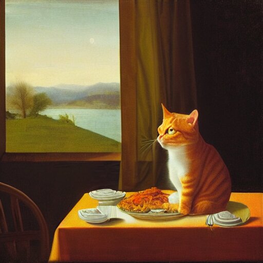 Lexica - Fat orange tabby cat eating lasagna on a table, afternoon ...