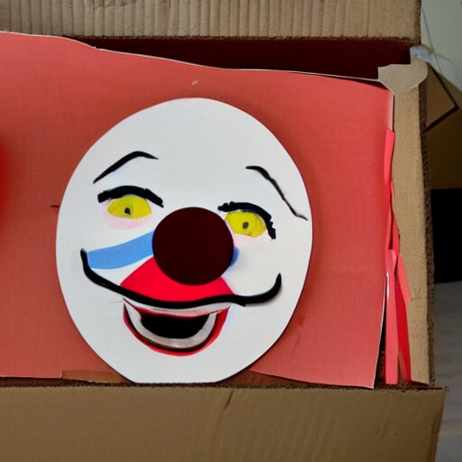 Lexica - A cardboard box opened up with a clown face popping out of it ...