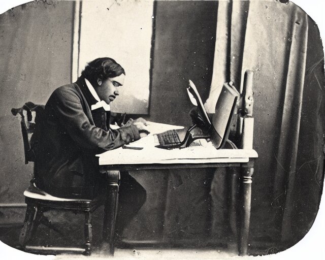 Lexica - An early 1800s photo of someone sitting at a computer looking ...