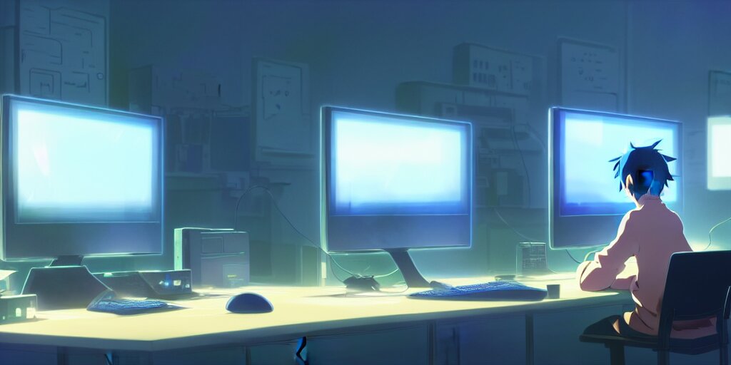 Lexica - A nerdy boy is programming at a computer in a room full of ...