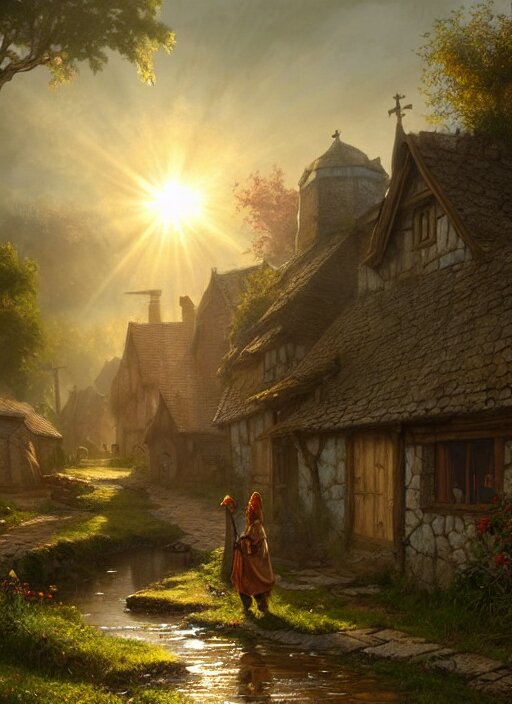 Lexica - Small poor medieval village, mist, sunrays, dust in the air ...