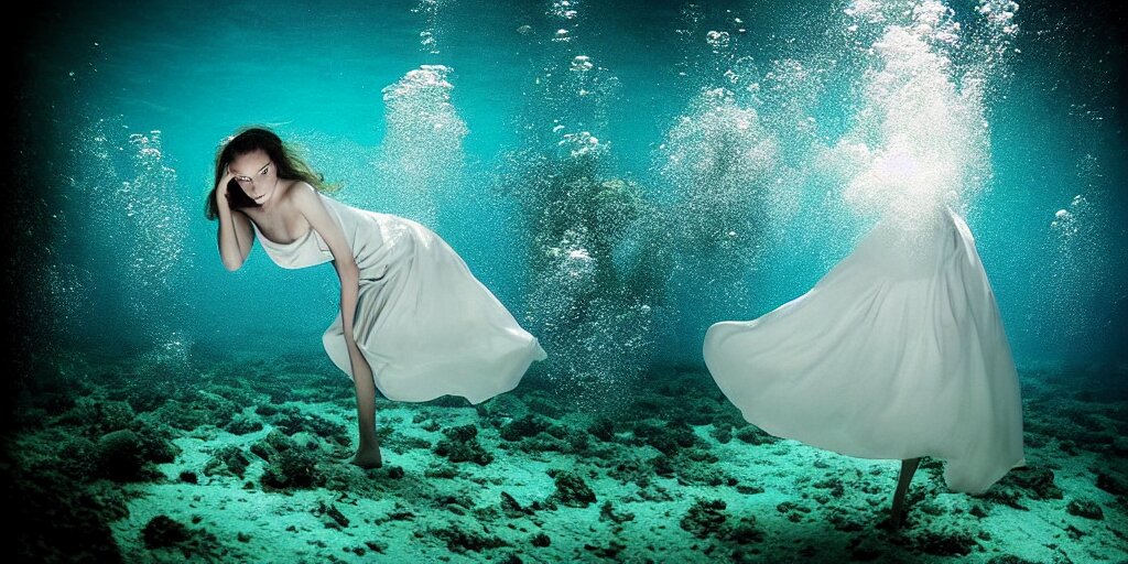 deep underwater photography of beautiful model in flat dress by ...