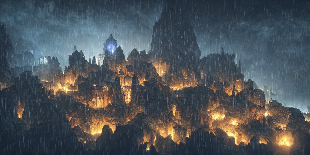 Lexica - A shining dwarven city in a dark cavern, rainy, dark and ...
