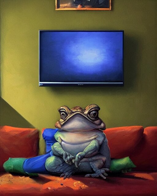 Lexica - Hyper realistic oil painting of toad watching a tv movie chill ...