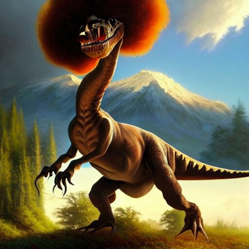 Lexica - Bob ross!!! riding!!! a dinosaur!!, giant afro!, model pose ...