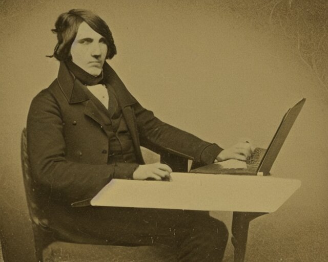 Lexica - An early 1800s photo of someone sitting at a computer looking ...