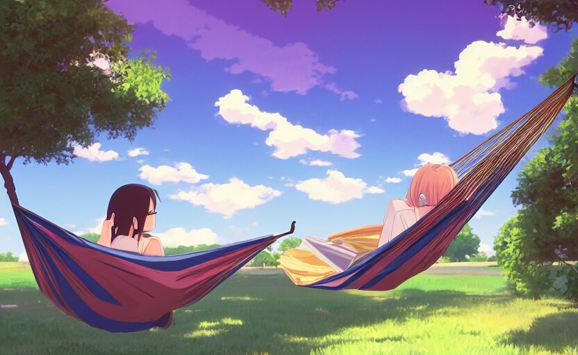 Lexica - A woman reading a book on a hammock on a warm summer day ...