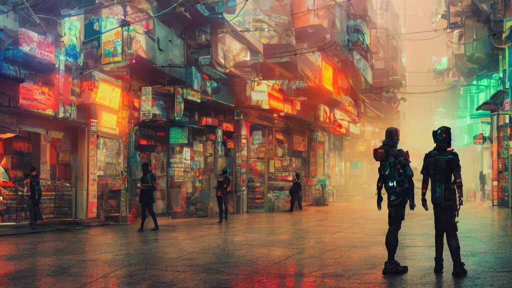 Lexica - Two passive guards near the entrance of a big colorful shop in ...