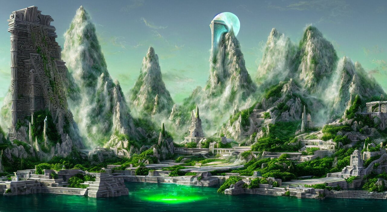 a matte painting futurist of a green water city of Atlantis gre ...