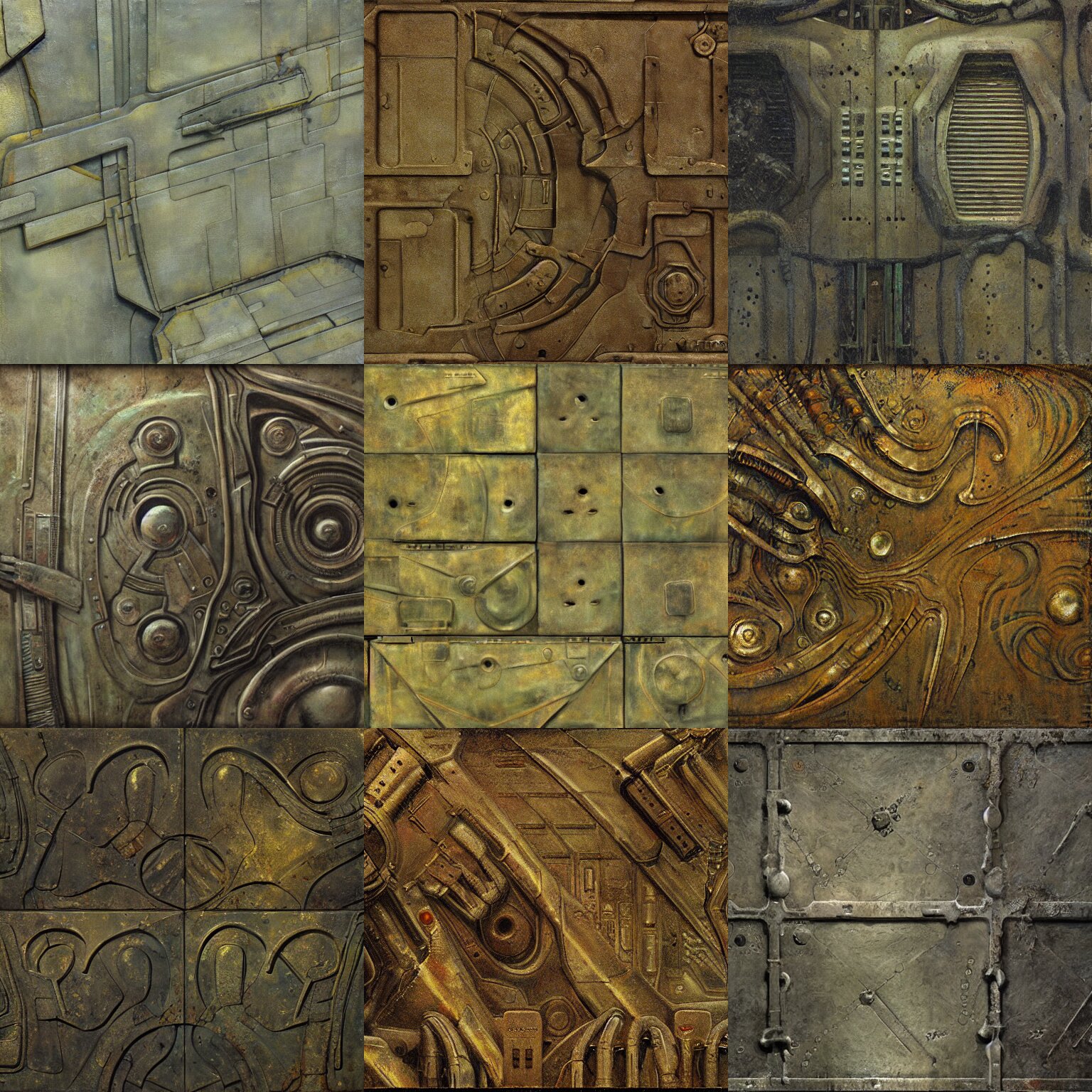 Lexica - Scifi, giger, flat panels, diffuse texture, dull flaking paint, bright metal wall ...