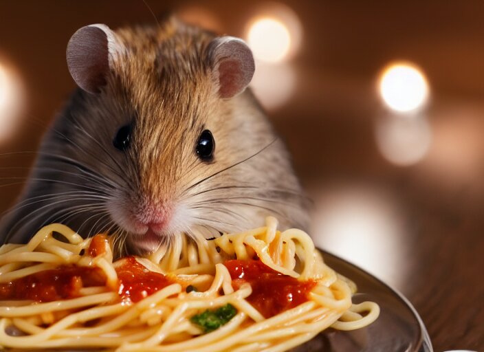 photo of a hamster eating spaghetti, at night, candlelit restaur ...
