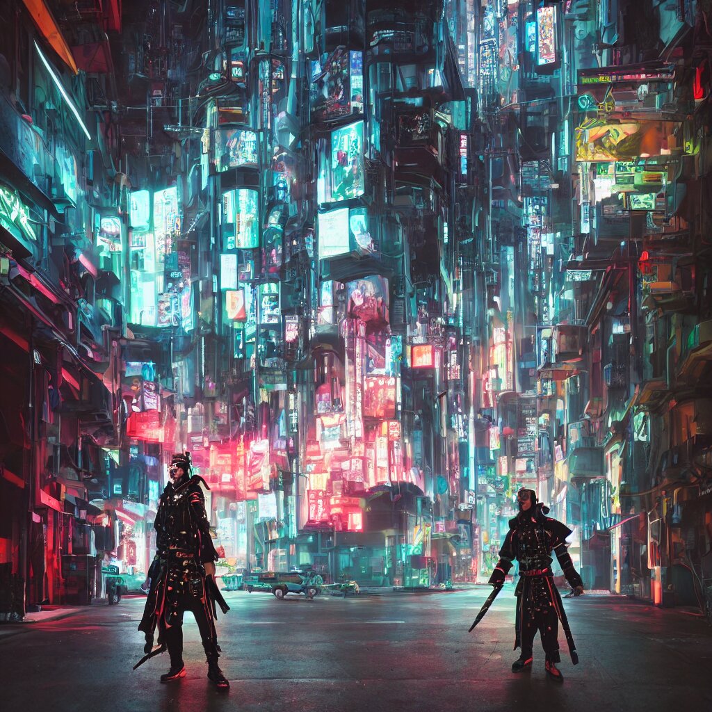 Lexica - Slow shutter speed photo of a cyberpunk samurai with neon ...