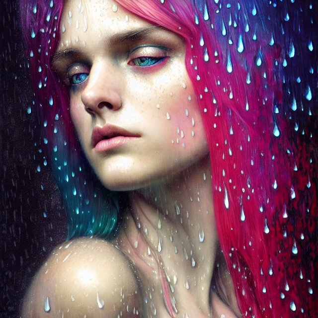 Lexica - Bright portrait LSD rain on face and wet hair, diffuse ...