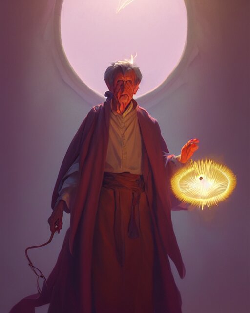 highly detailed vfx portrait of an old mage casting a light spel ...
