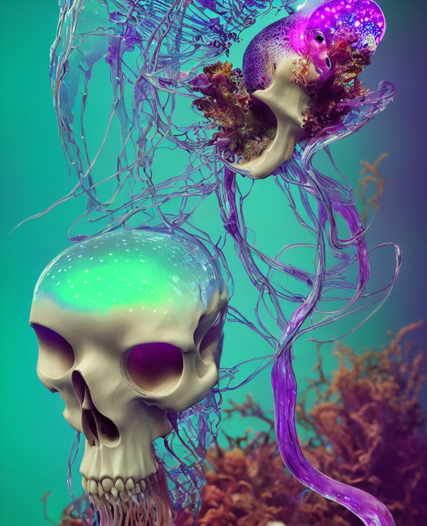 close-up portrait of skull dichroic orchid jellyfish skull, bett ...