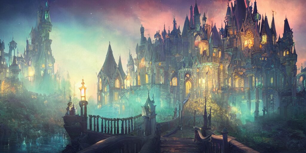 Lexica - A glowing magical fantasy castle at night with grand delicate ...