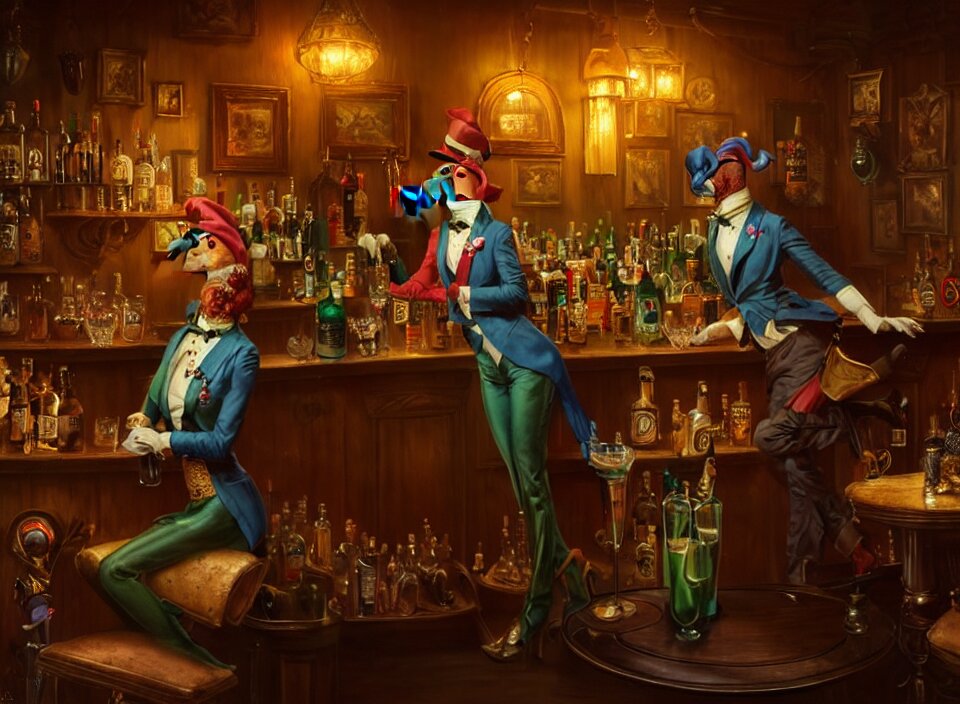 Lexica - Parrot anthro as dapper bartender, dimly-lit cozy tavern ...