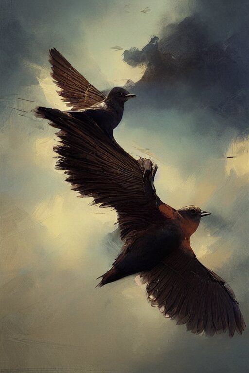 Lexica - Birds flying, wings, flock of brown black blue birds, oil ...