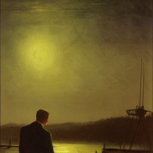 Lexica - Gatsby on his dock at night, looking at the dim green light ...