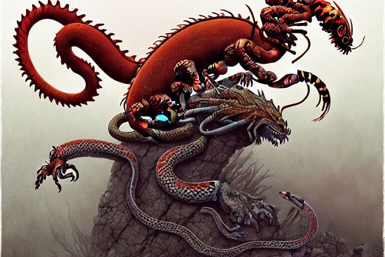 Lexica - Painting of hybrid between cat & dragon & snake & lobster ...