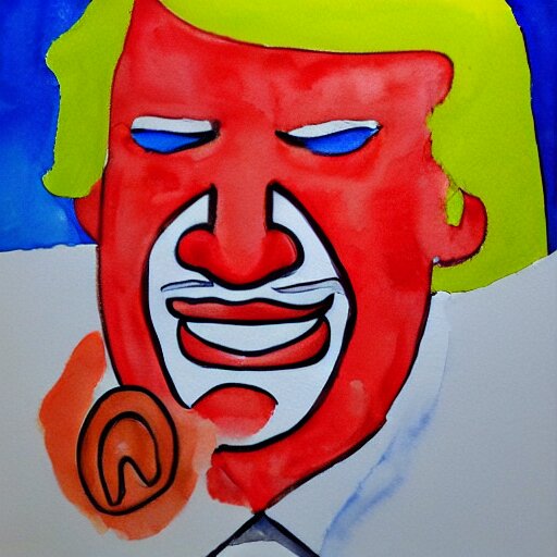 Lexica - Donald trump as sad ronald mcdonald holding paper bag, watercolor, vignette
