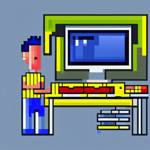pixel art of programmer in front of his computer station, pixel ...