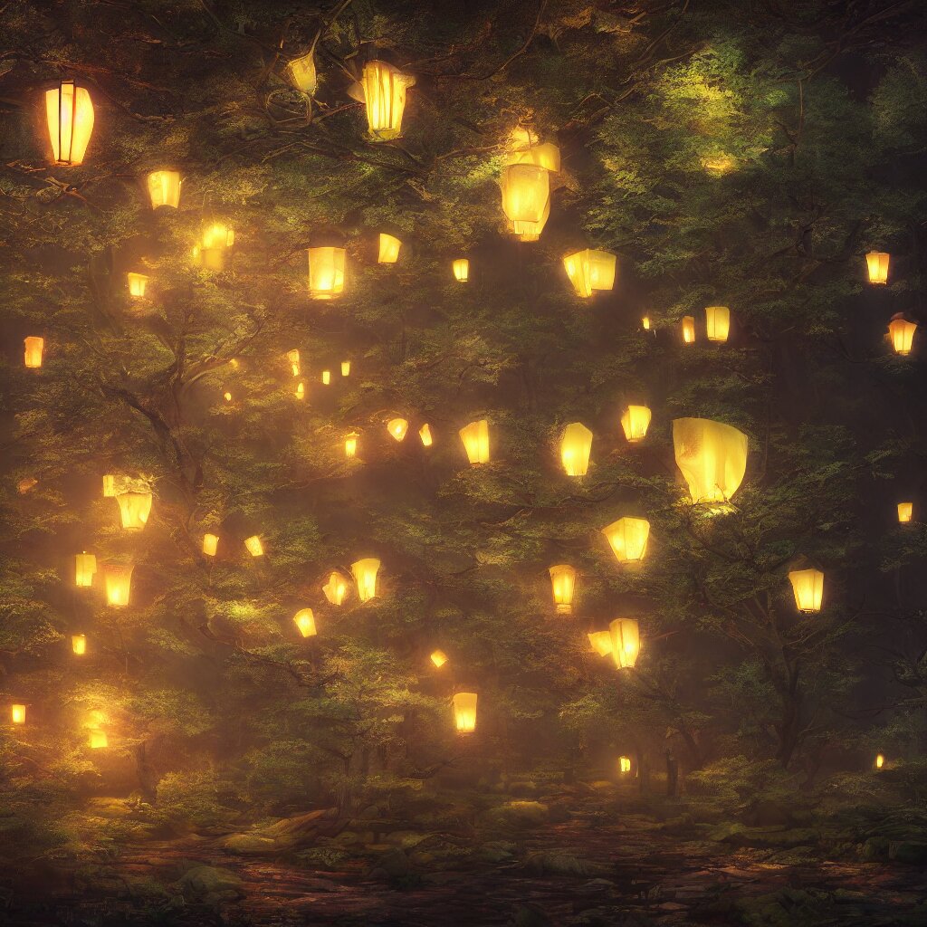 Lexica - Japanese forest at night, lanterns, highly detailed, dreamlike ...