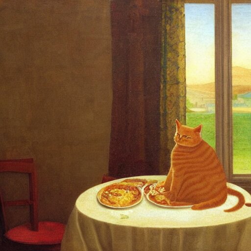 Lexica - Fat orange tabby cat eating lasagna on a table, afternoon ...