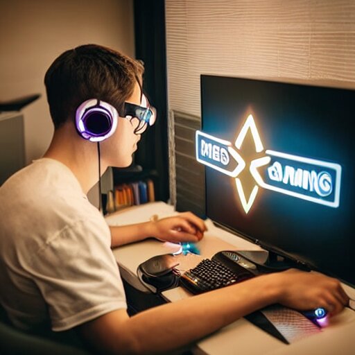 Lexica - Nerdy!! gamer with glasses next to glowing gaming computer