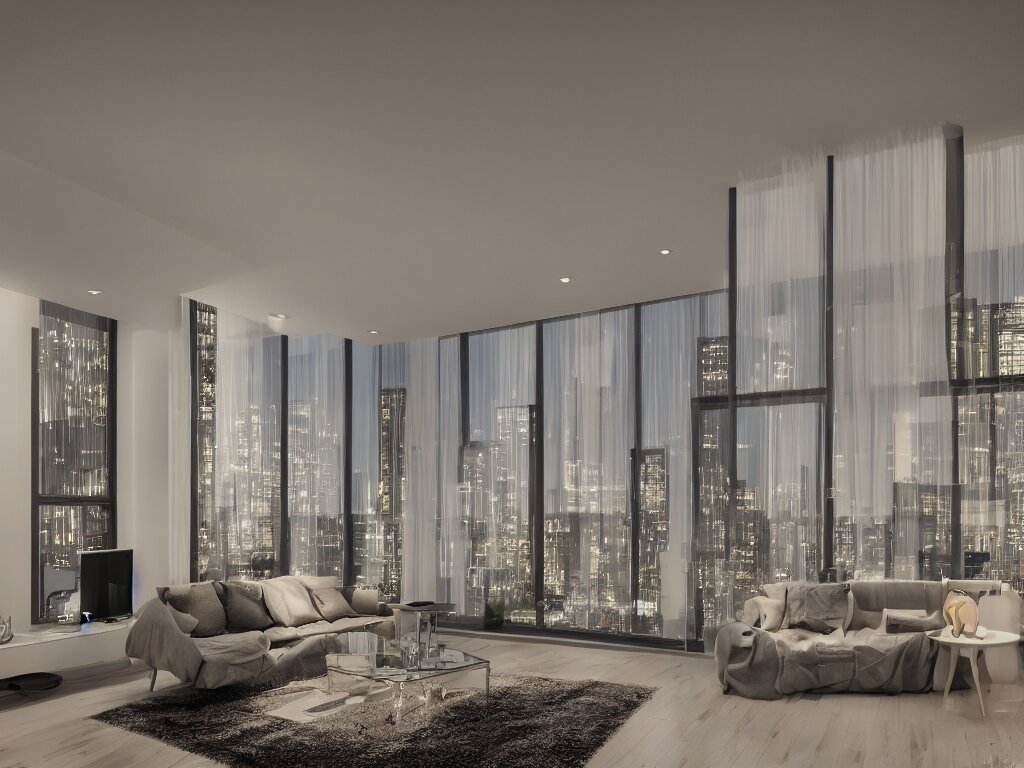 a Photorealistic hyperrealistic interior night time render of a ...