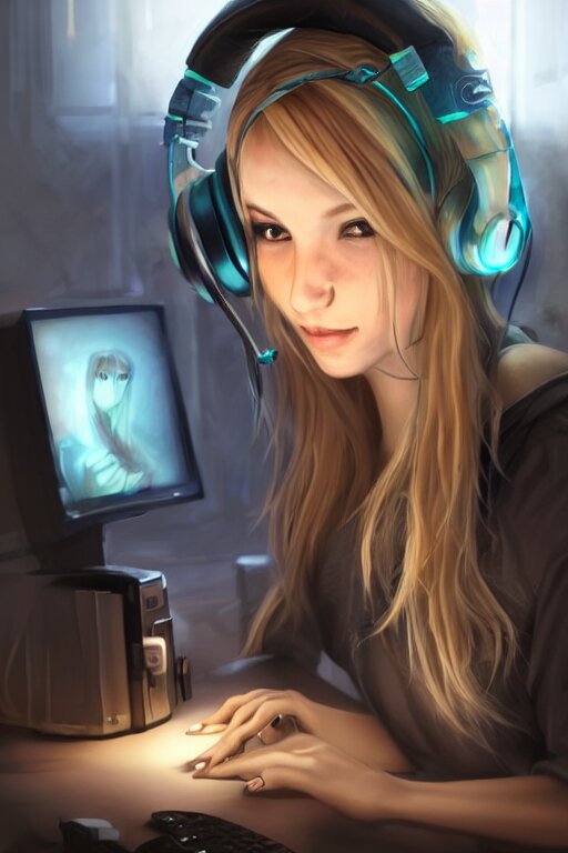 Lexica - Gorgeous gamer girl with blonde hair and dark eyes playing on ...