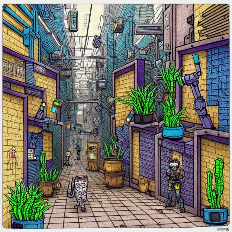 Lexica - An absurdly-detailed cyberpunk alleyway colored-pen drawing as ...